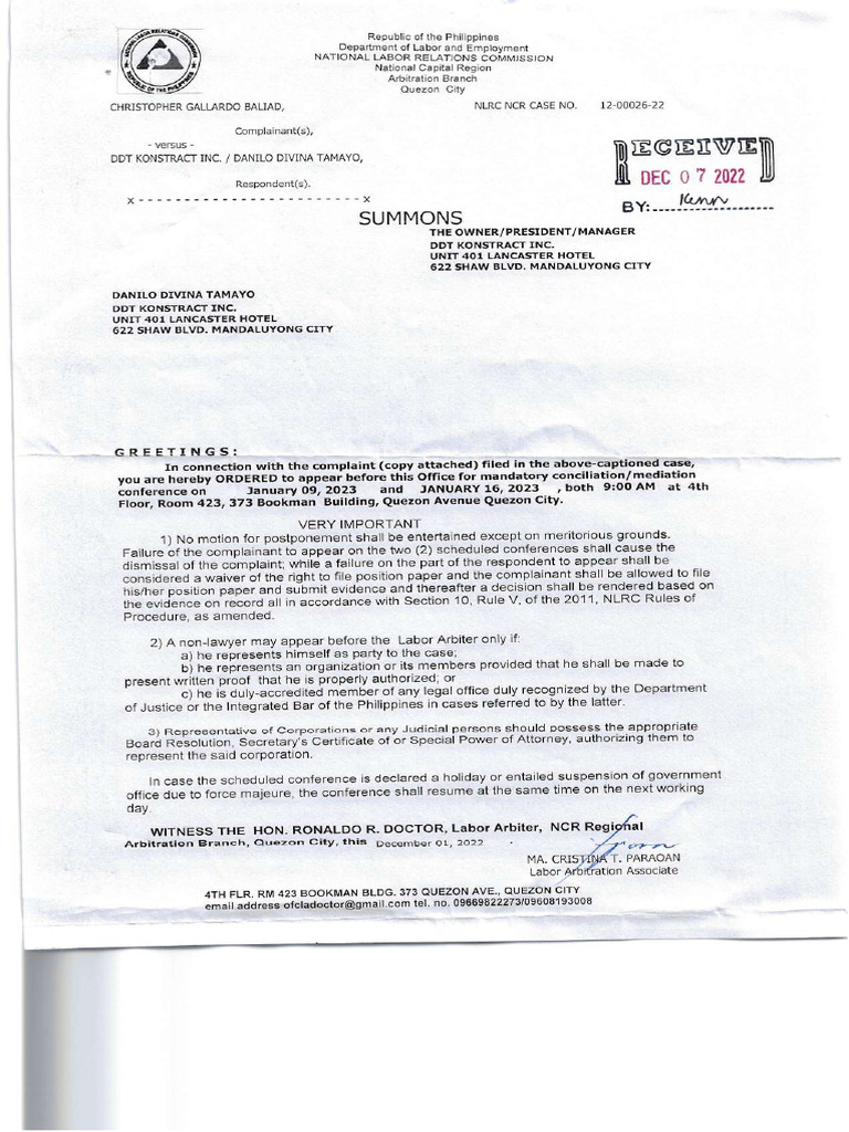 Summons Dtd. 01 Dec 2022 (Baliad Vs DDT) | PDF