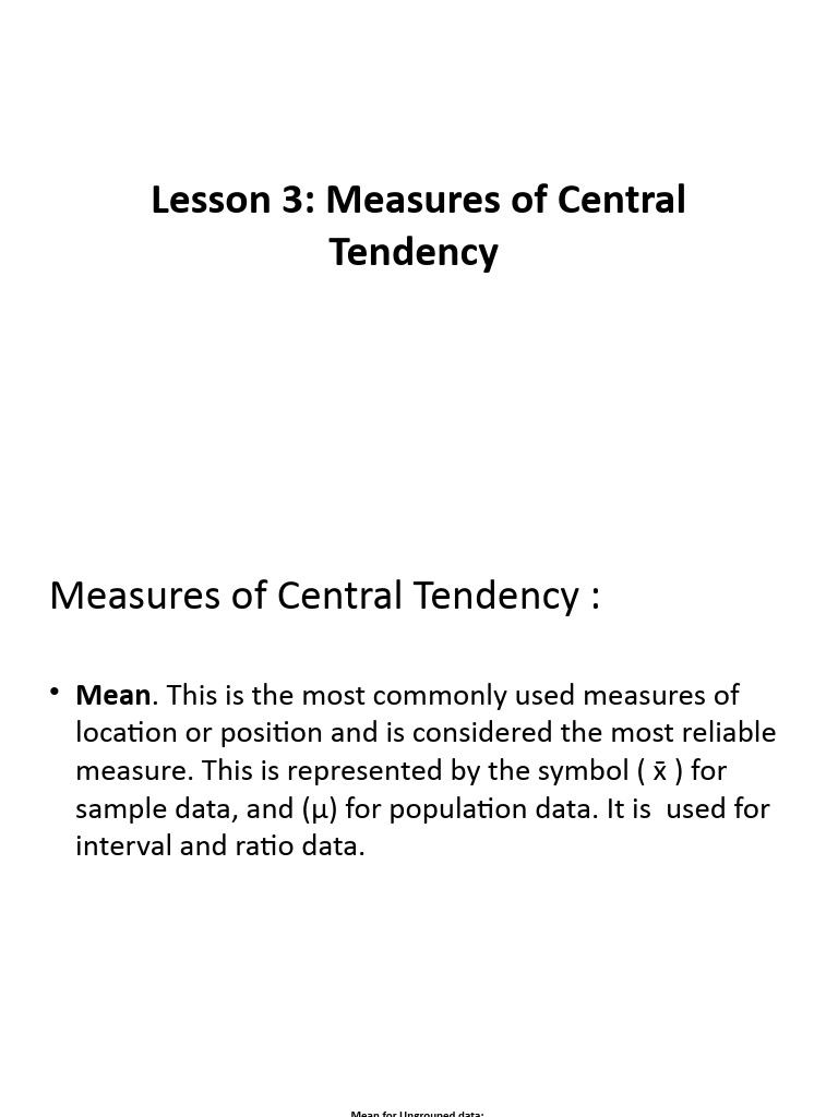 Lesson 3 Measures of Central Tendency Power Point | PDF | Median | Mean