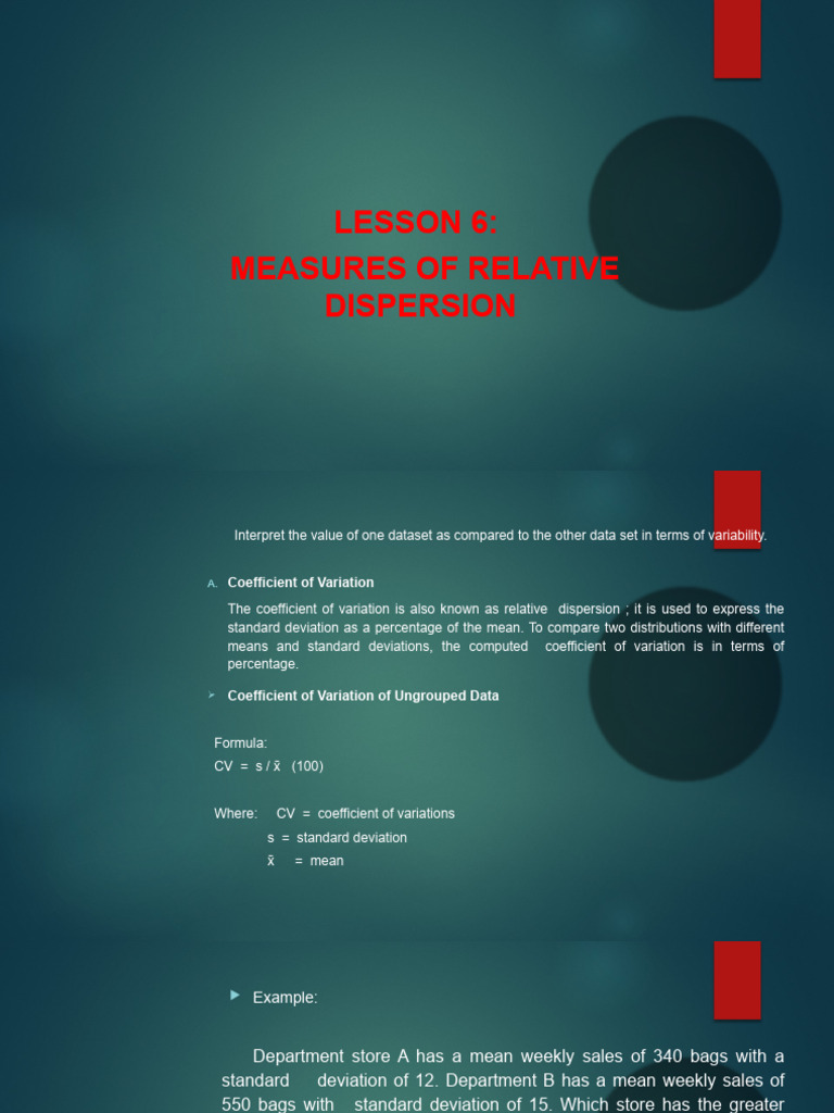 Lesson 6 Measures of Relative Dispersion Power Point | PDF ...