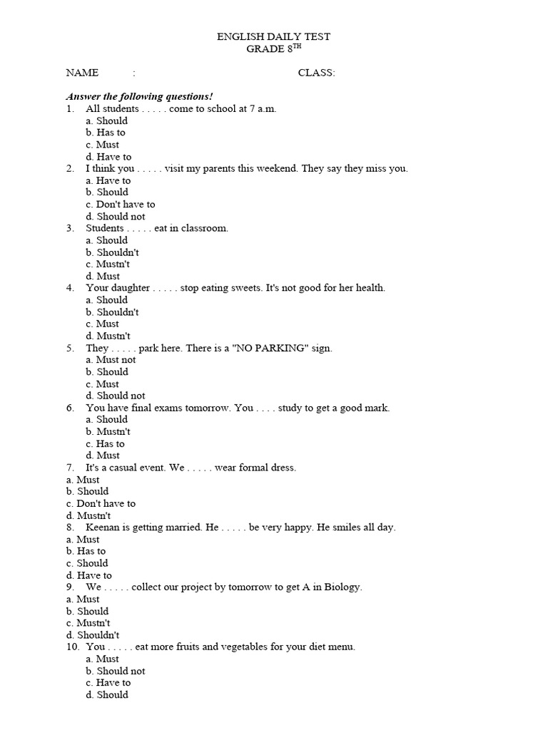 Grade 8 English Daily Test Questions | PDF | Cooking, Food & Wine