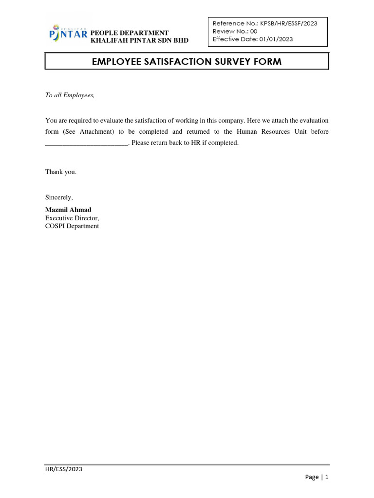 Employee Satisfaction Survey Form | Download Free PDF | Job ...