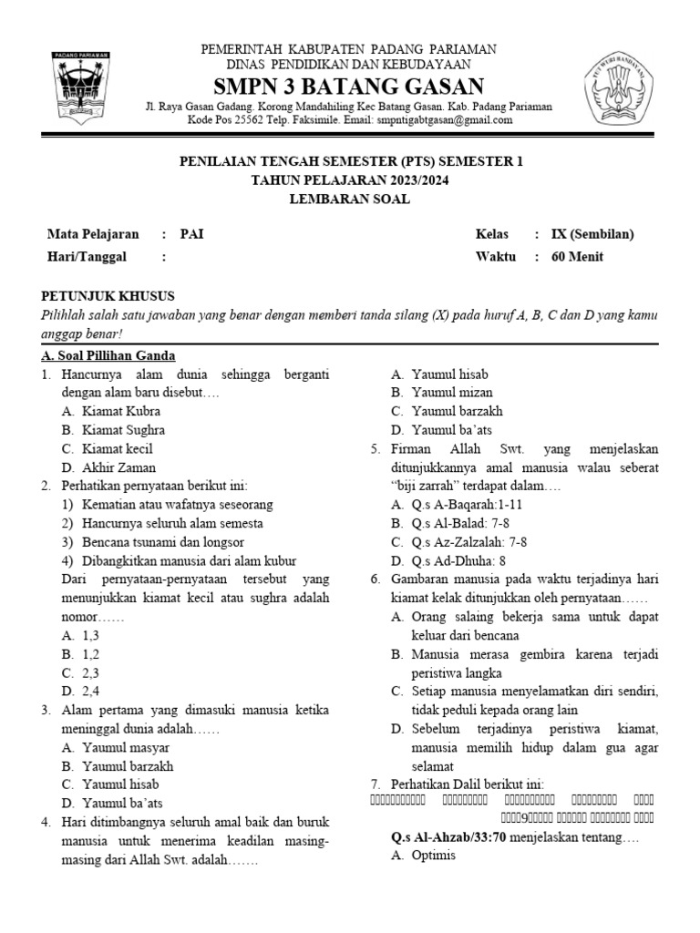 Soal PTS KLS 9 Pai (Ganjil) | PDF