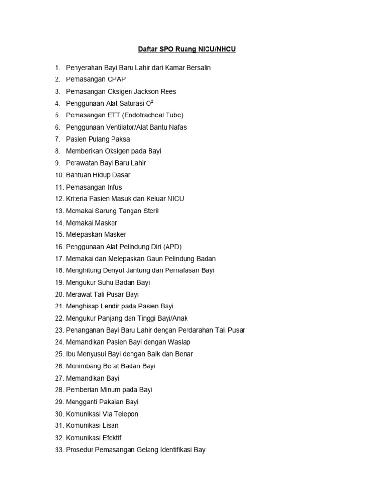 Daftar SPO Ruang NICU | PDF