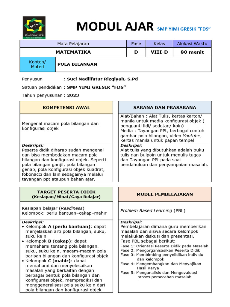 RPP Modul Ajar Kelas 8 Pola Bilangan Suci Nadlifatur Rizqiyah | PDF