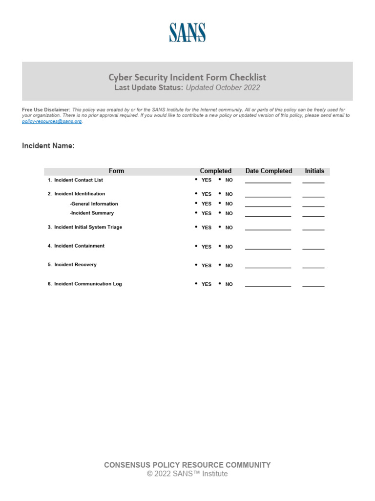 CSIHF Incident Form Checklist | PDF