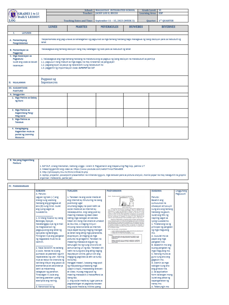 DLL Edukasyon Sa Pagpapakatao 6 q1 w3 | PDF