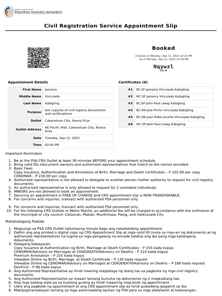 Civil Registration Service Appointment Slip | PDF