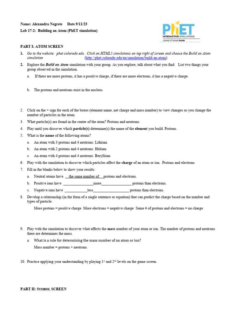 Cp 17 Lab 2 Build An Atom Phet Simulation Pdf Atoms Proton 