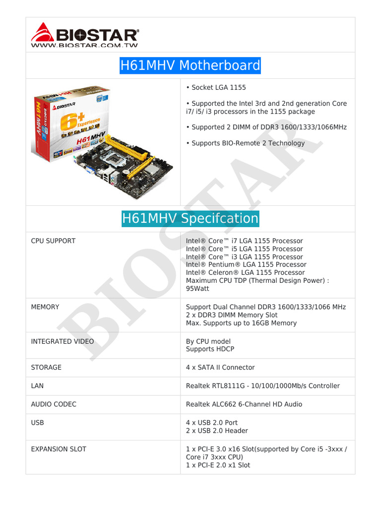 Biostar H61MHV Spec | PDF | Bios | Intel