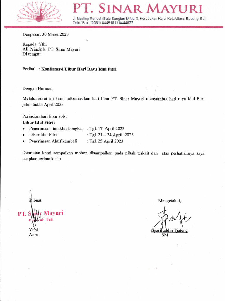 Surat Libur Untuk Principle | PDF