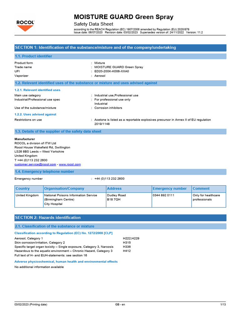 MOISTURE GUARD Green Spray SDS | PDF | Toxicity | Hazards