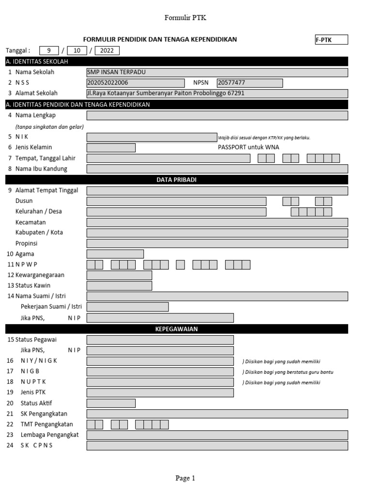 Formulir Pendataan PTK 2022 | PDF