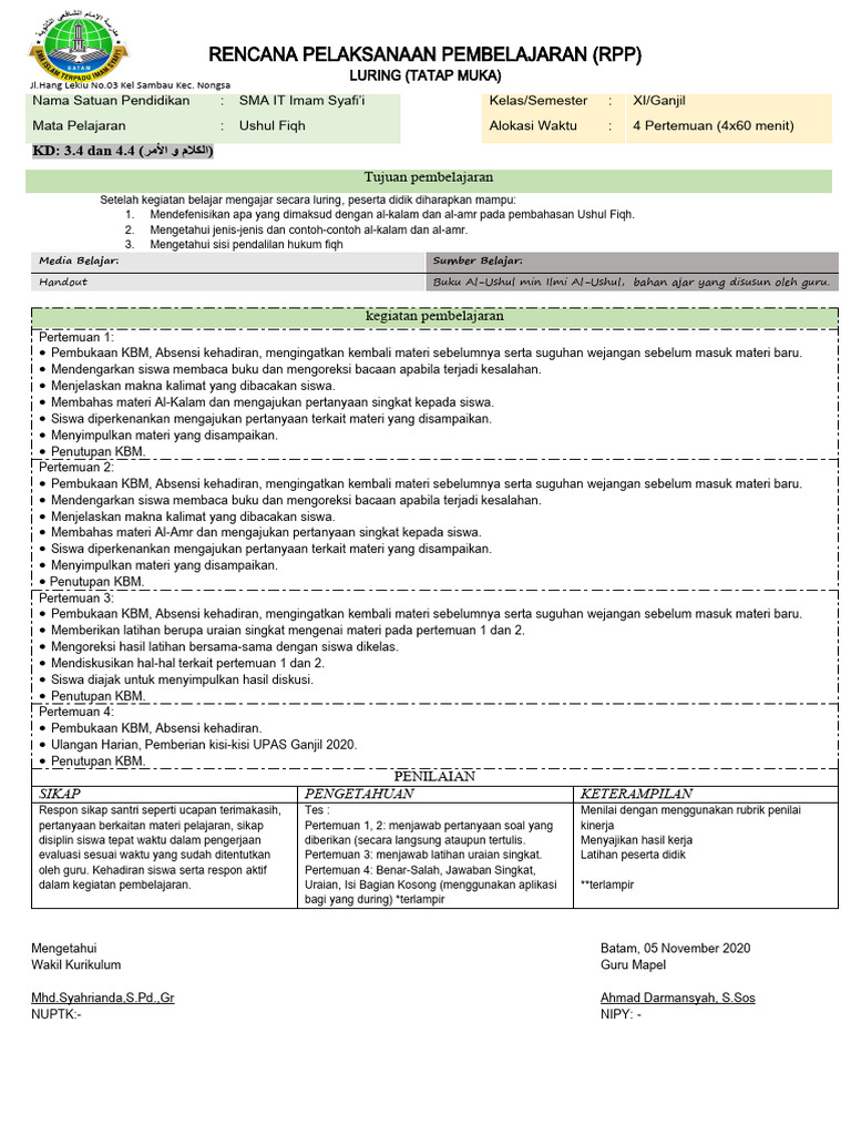 Rencana Pelaksanaan Pembelajaran (RPP) : Luring (Tatap Muka) | PDF