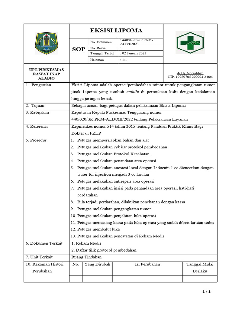 SOP EKSISI LIPOMA Alabio | PDF