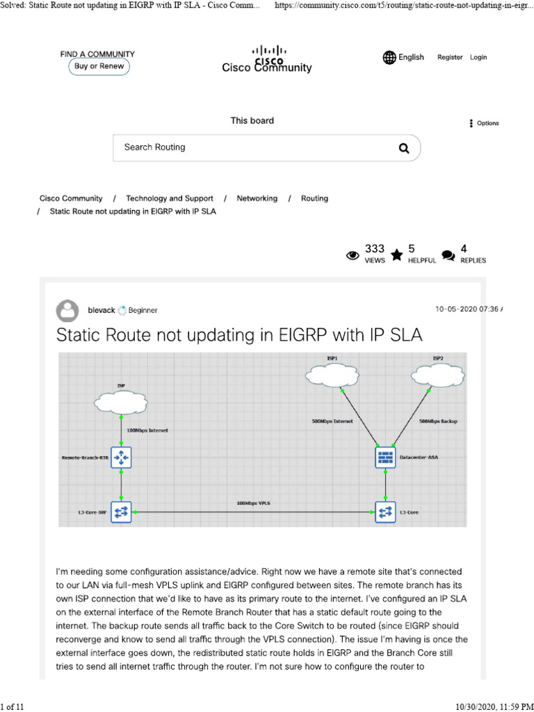 Eigrp With Ip Sla Cisco Community Pdf Internet Architecture Telecommunications Standards