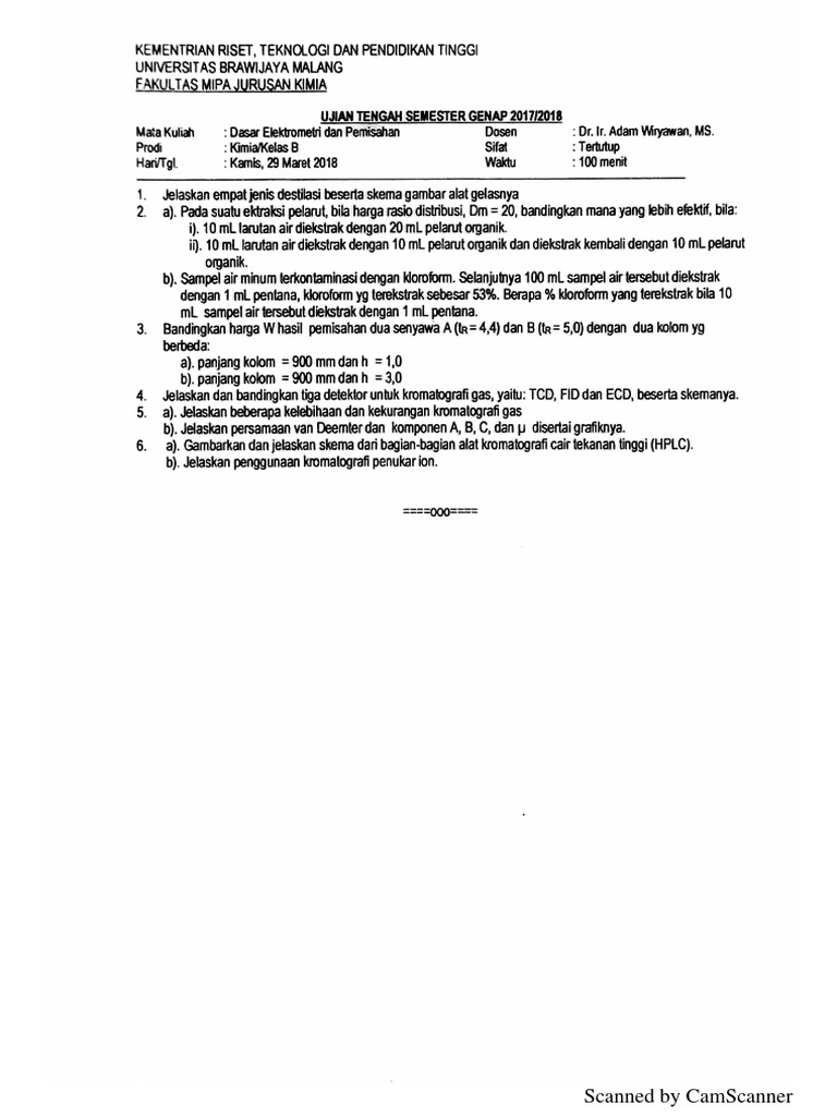 UTS Dasar Elektrometri Dan Pemisahan 2017-2018 | PDF