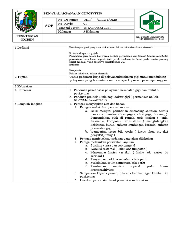 SOP Penatalaksanaan Gingivitis | PDF