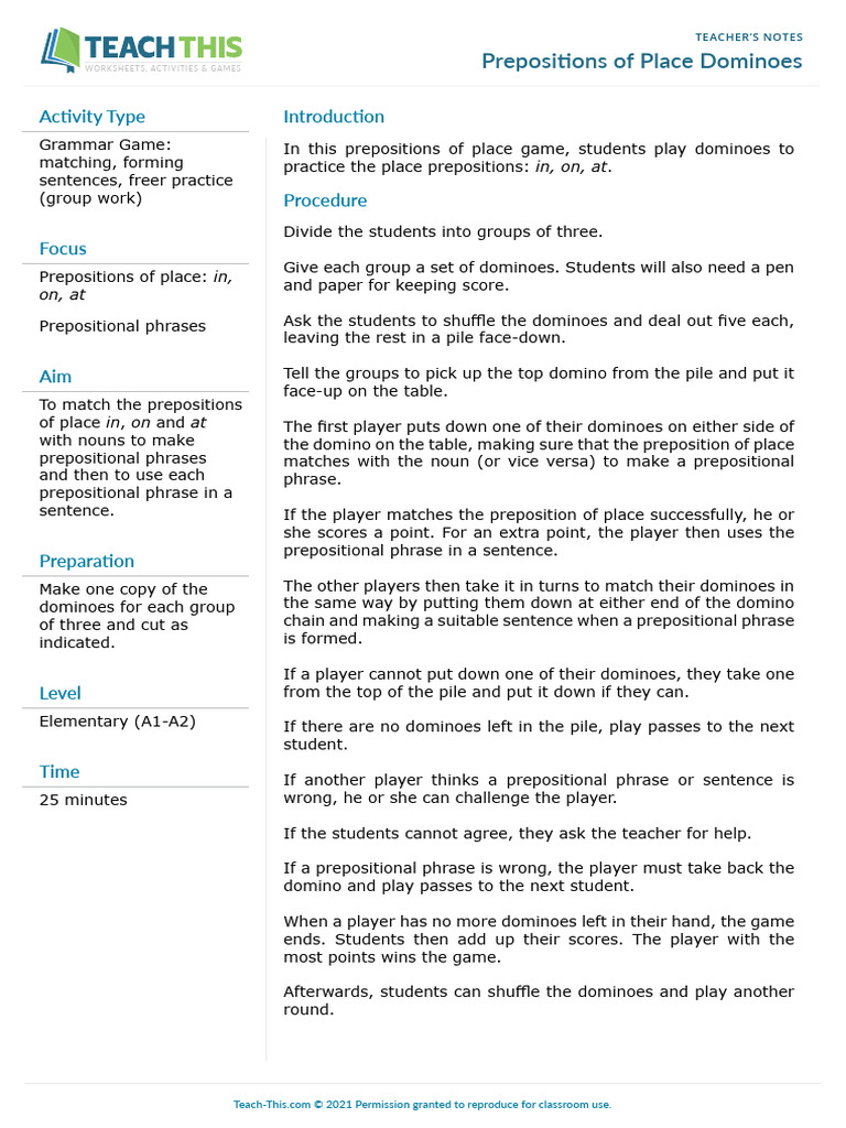 Prepositions of Place Dominoes | PDF | Preposition And Postposition ...
