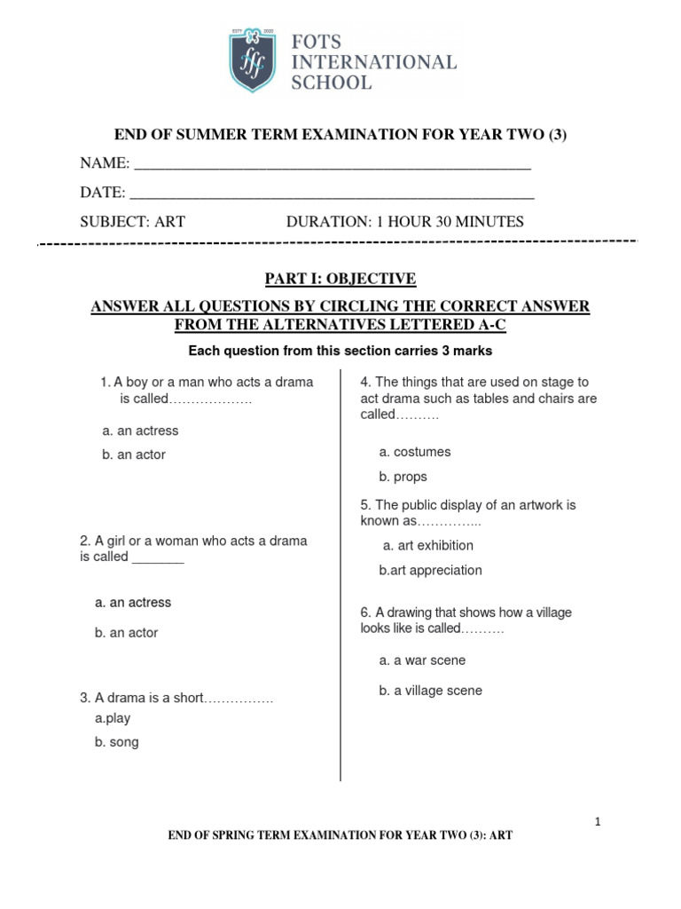 Year Two Art Exam Spring Summer Pdf Drawing Artistic Techniques