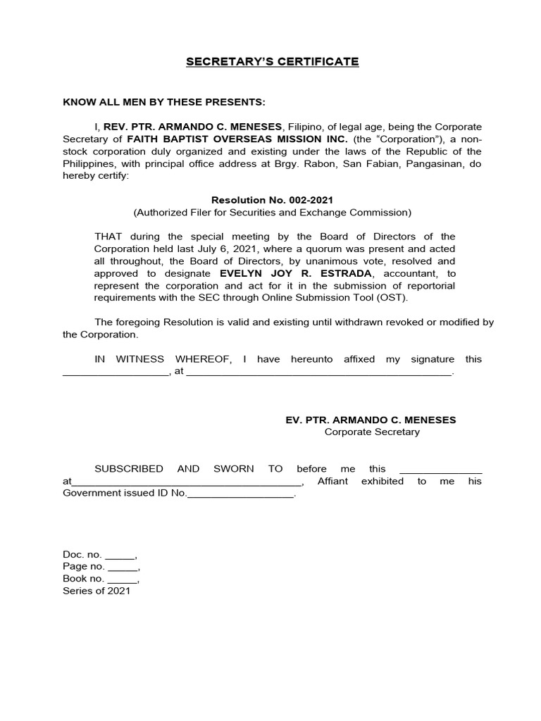 Secretary's Certificate for SEC Filing | PDF | Law