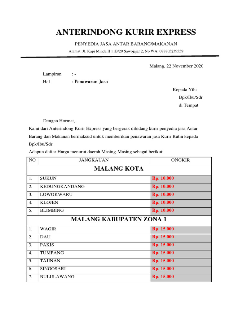 Anterindong Kurir Express Form Penawaran | PDF