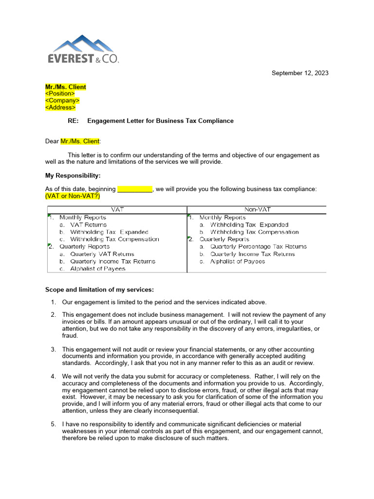 Sample Engagement Letter - 2020 | PDF | Internal Control | Indemnity