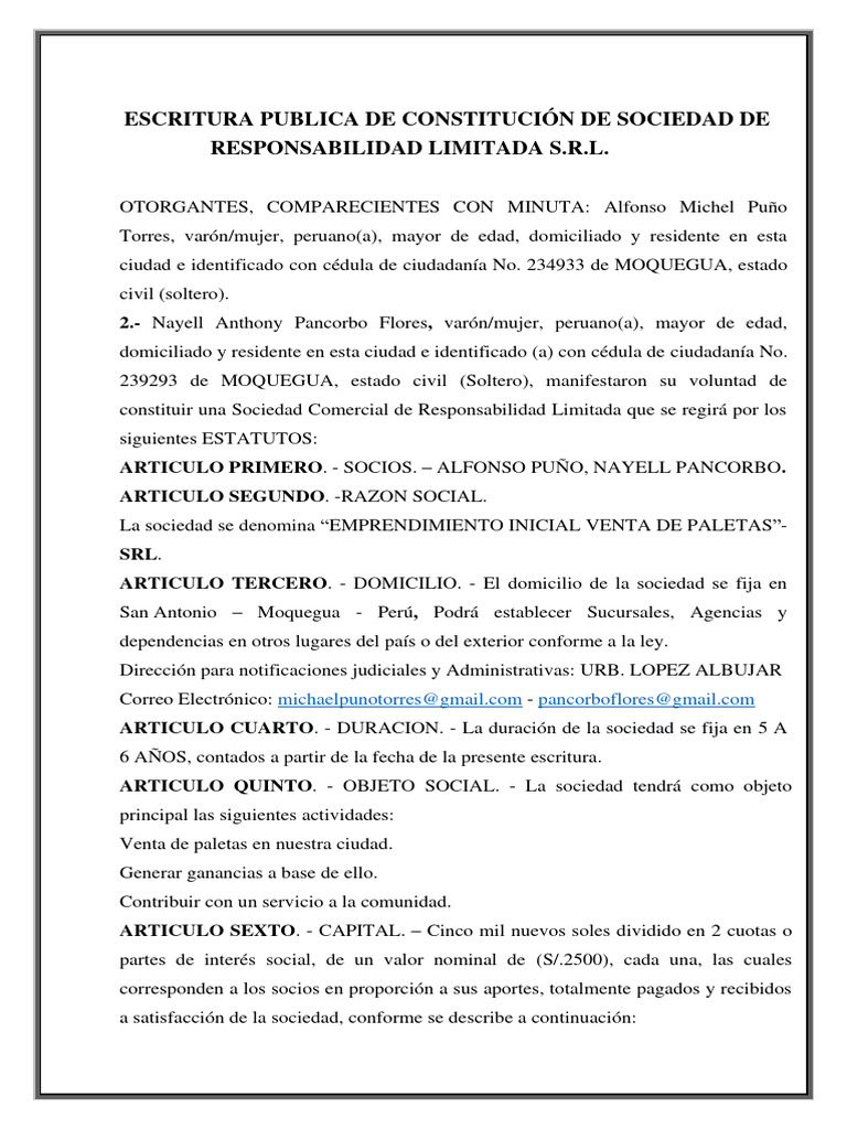 Escritura publica de Constitución de Sociedad de Responsabilidad Limitada | PDF | Gobierno ...