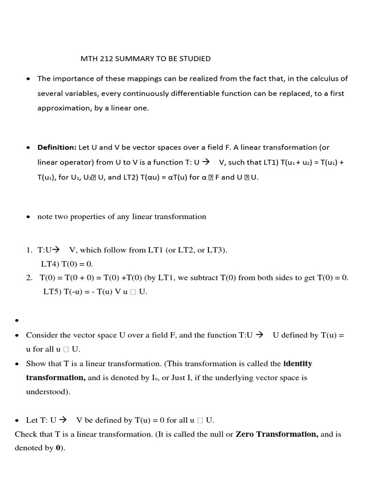 MTH 212: Linear Transformations Summary | PDF | Eigenvalues And ...