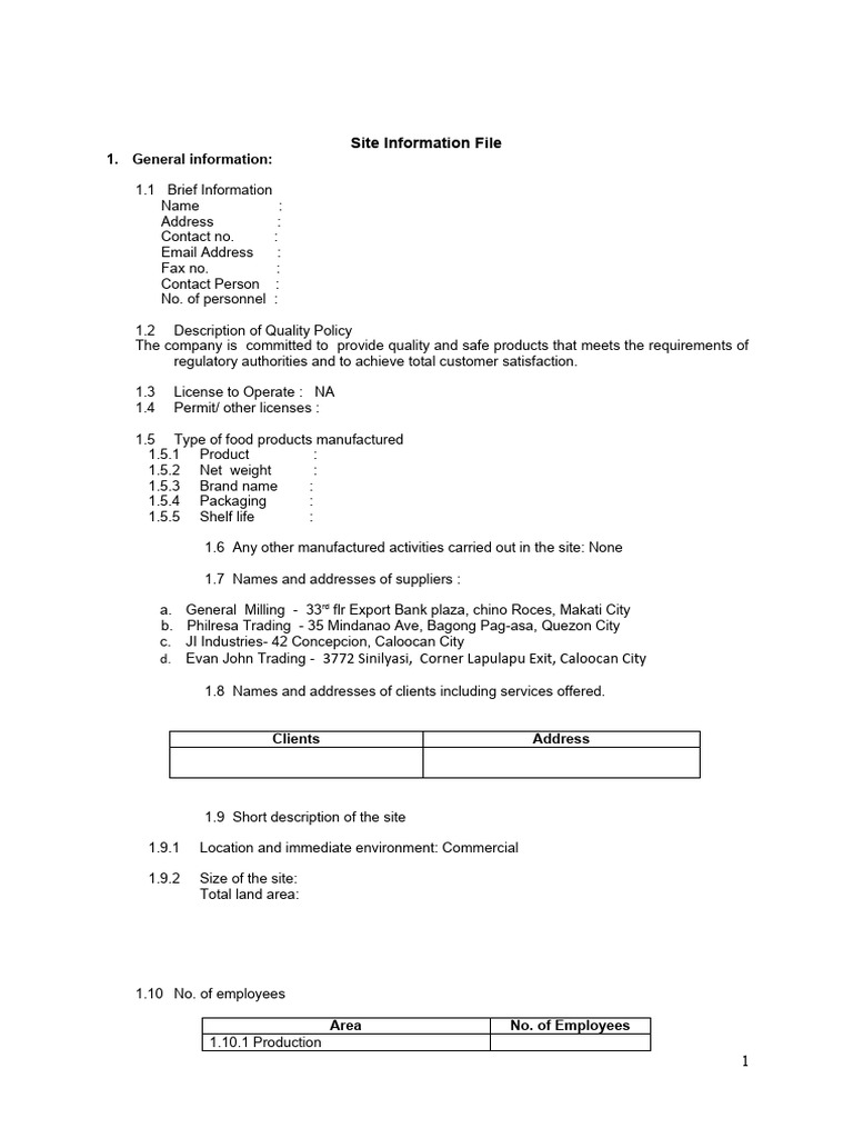Site Information File SAMPLE | PDF | Sanitation