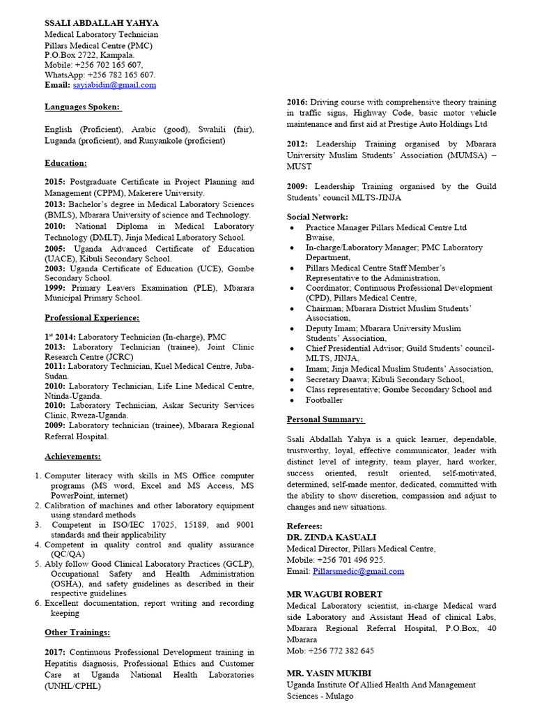 Ssali Abdallah Yahya CV NDA | PDF | Laboratories | Health Care