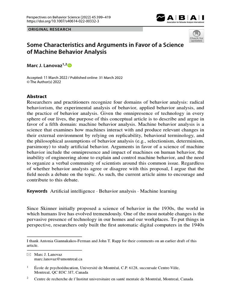 Some Characteristics and Arguments in Favor of A Science of Machine Behavior Analysis | PDF ...