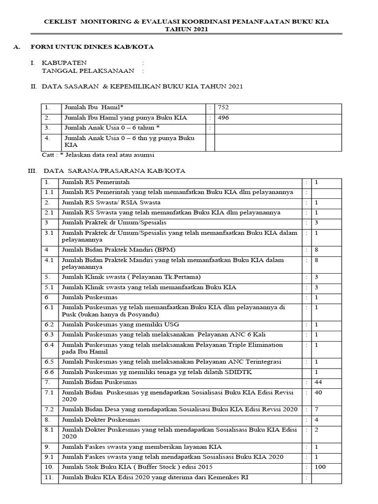 Ceklist Monev Buku KIA Revisi | PDF