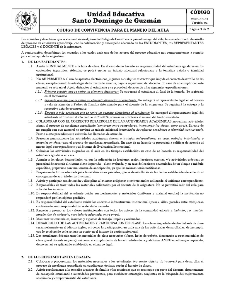 Código De Convivencia Pdf Salón De Clases Enseñando