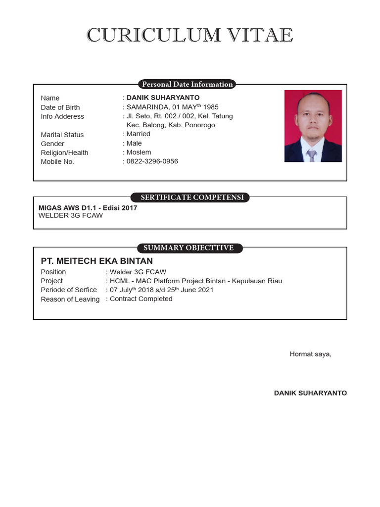 CV Welder 3G FCAW Danik Suharyanto | PDF