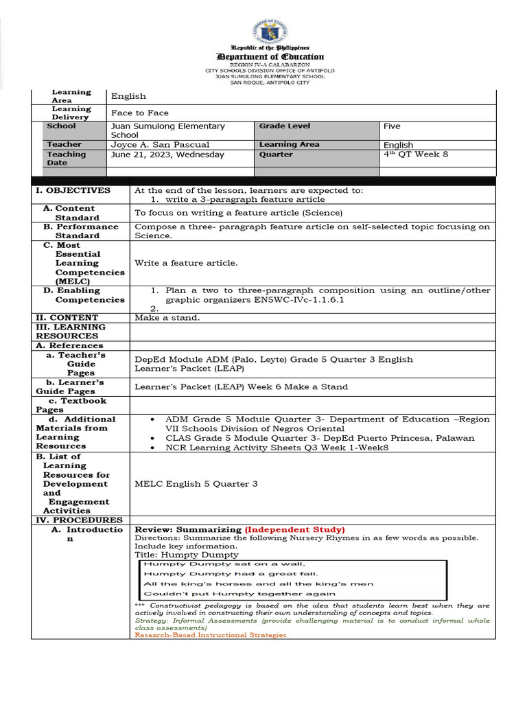 ENGLISH5 IDEA LE Q4 Feature Article | Download Free PDF | Pedagogy | Learning