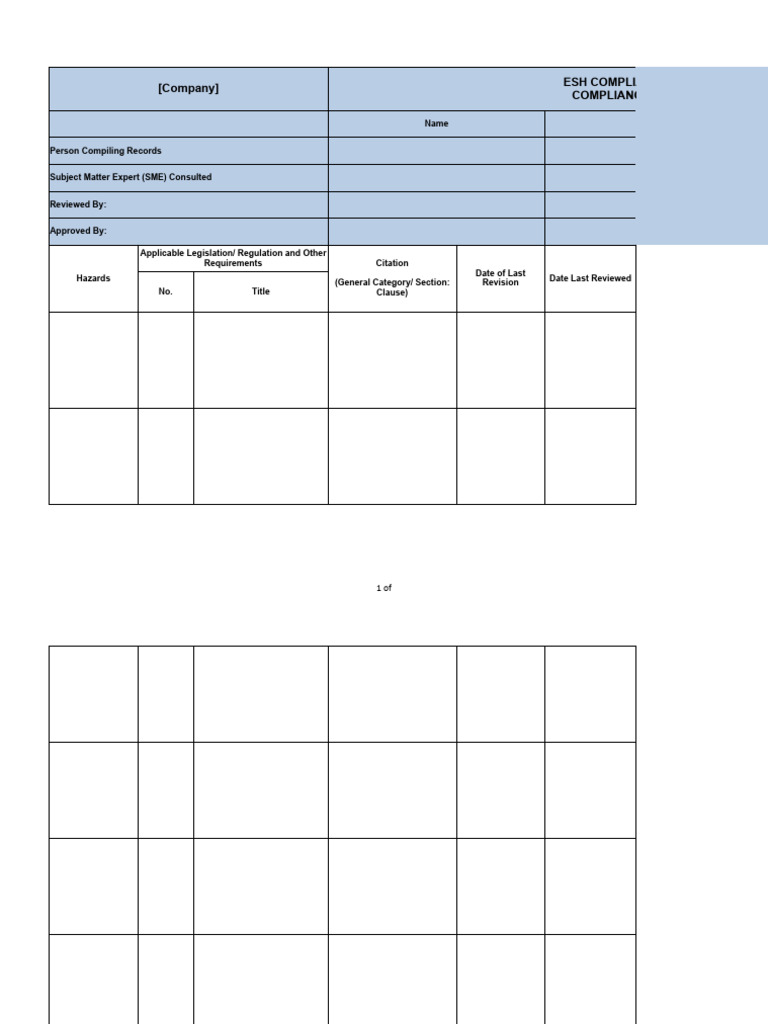 (TEMPLATE) ESH Compliance Obligations Register | PDF (TEMPLATE) ESH Compliance Obligations Register | PDF