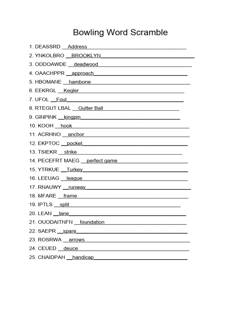 Bowling Word Scramble Answer Key 6514b 6163a18f | PDF