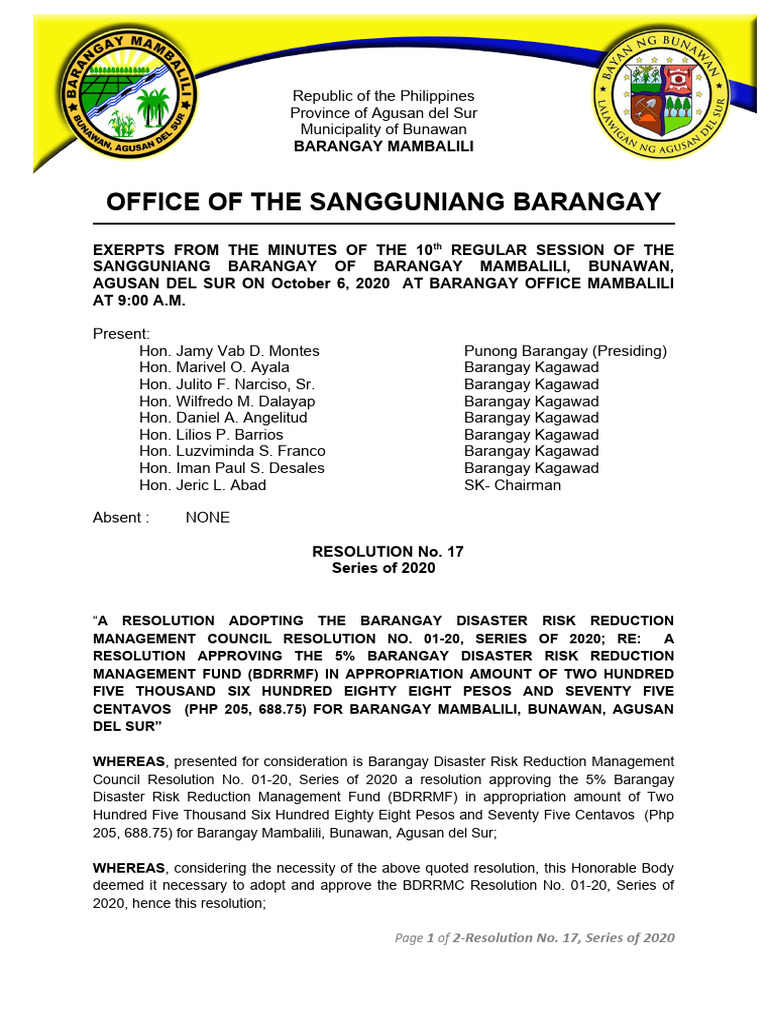 Resolution No. 17-Adopting The 5% BDRRMF | PDF | Philippines | Currency