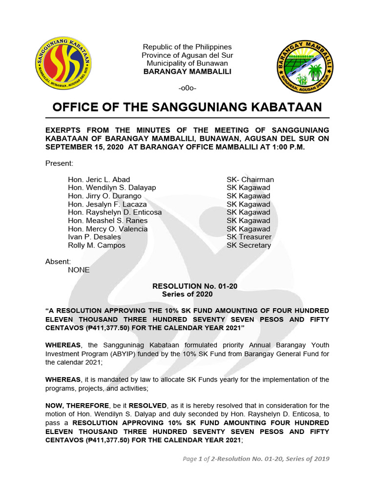 SK Fund Approval Resolution 2021 | PDF | Philippines | Economy Of Asia