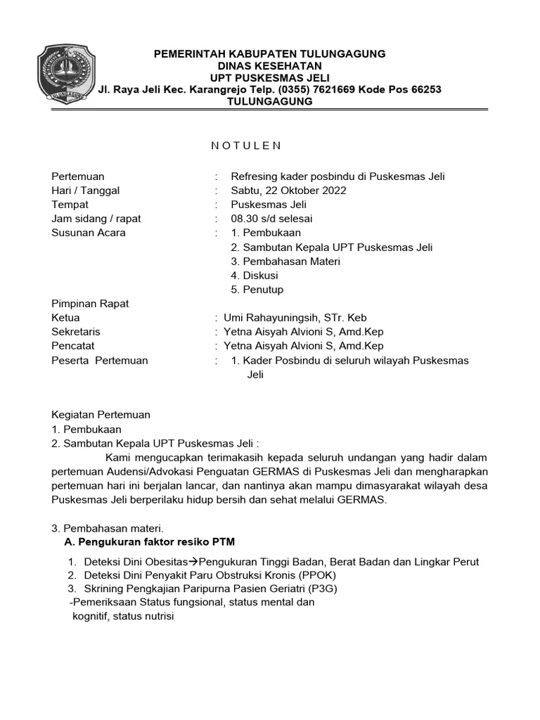 Notulen Refresing Kader Posbindu | PDF