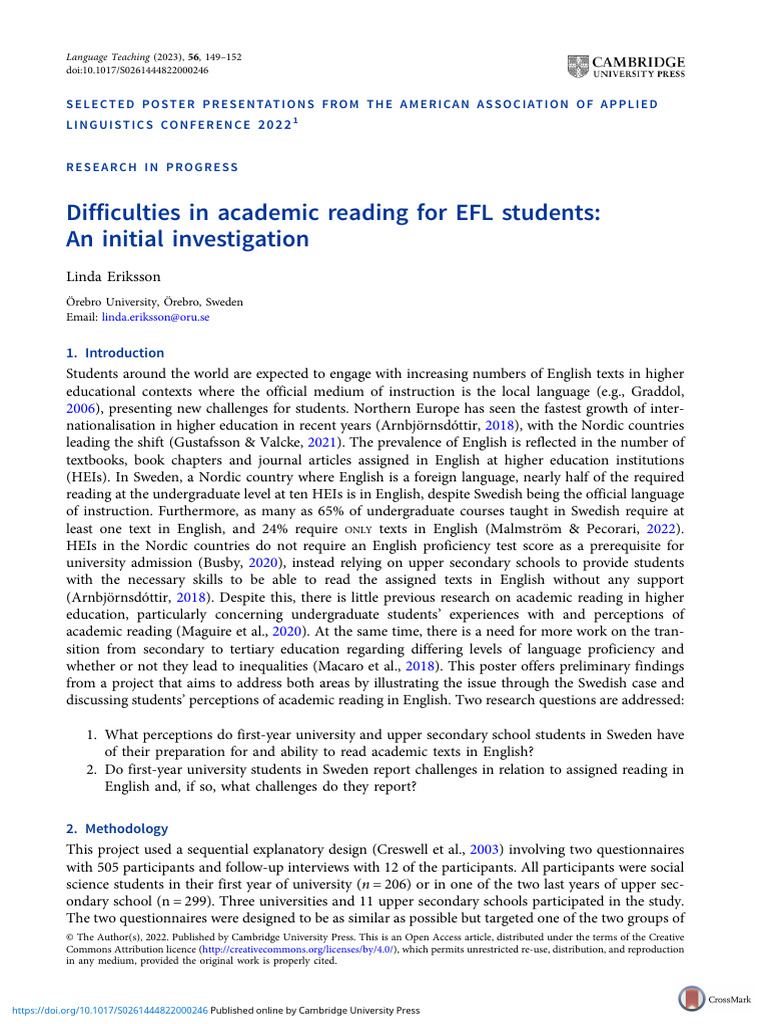 Difficulties in Academic Reading For Efl Students An Initial Investigation | PDF | English As A ...