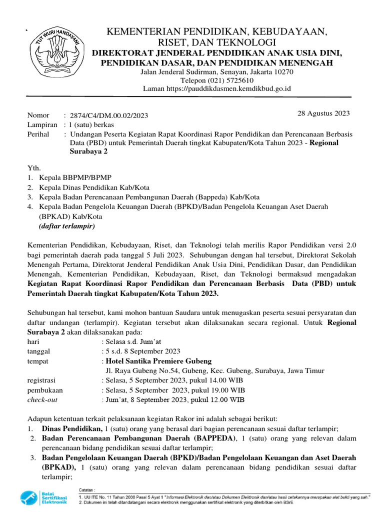 Undangan Rakor Pendidikan Surabaya | PDF