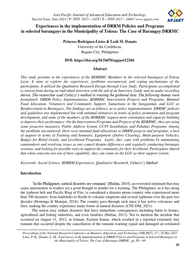 Experiences in The Implementation of DRRM Policies and Programs in Selected Barangays | PDF ...