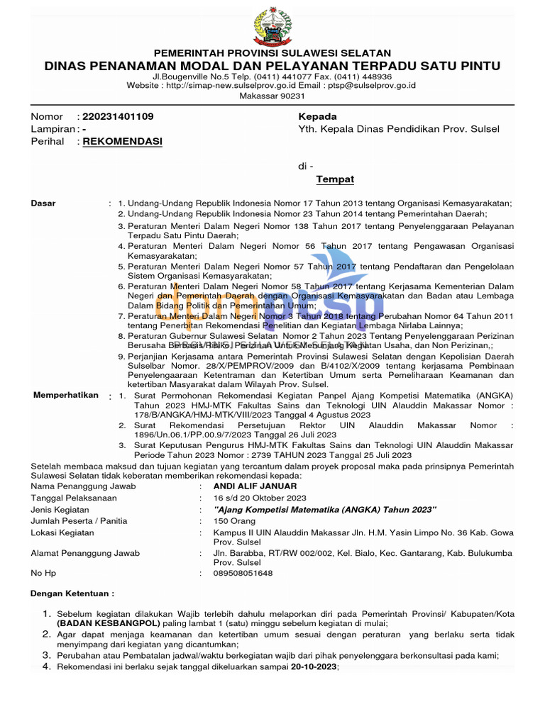 Surat DPMPTSP Sulsel | PDF