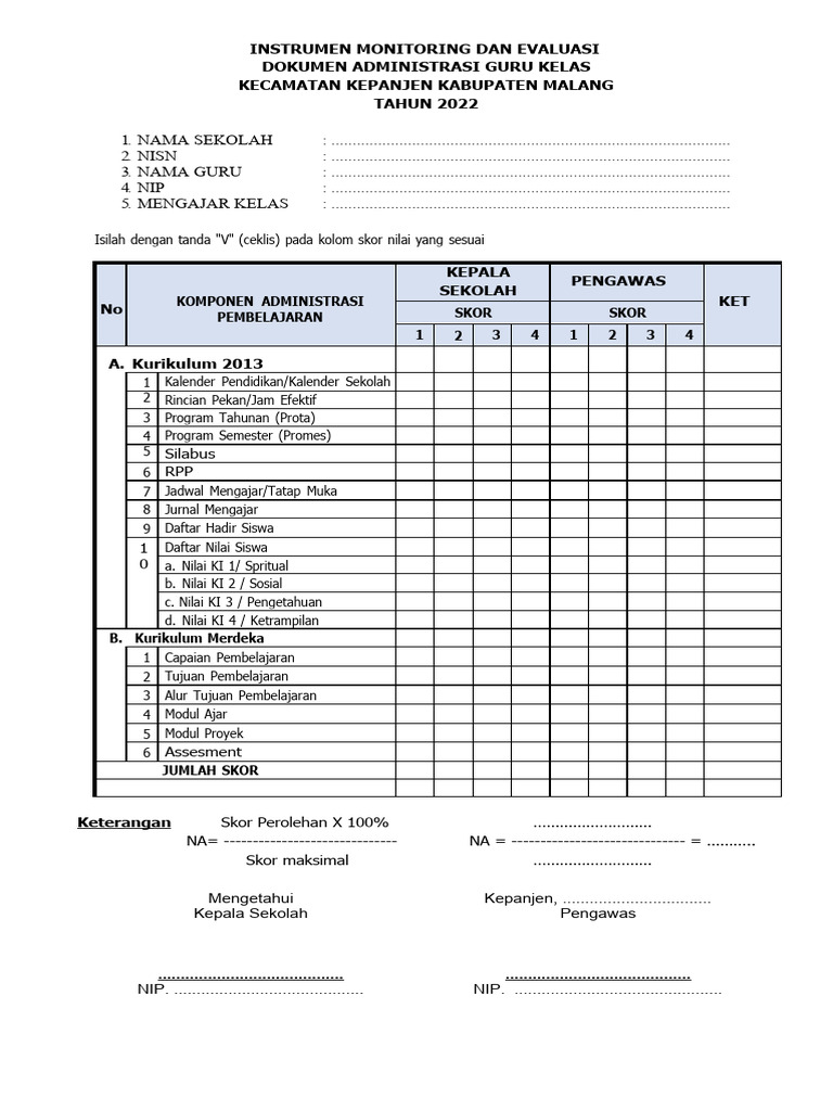 Instrumen Monev Guru Kelas | PDF