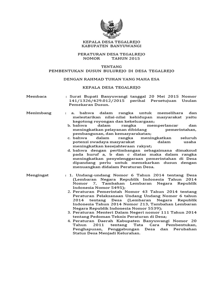 Contoh Perdes Pemekaran Dusun | PDF