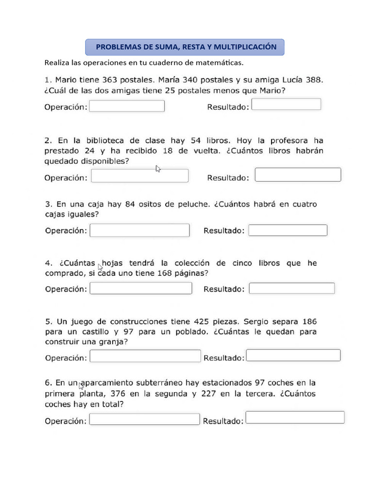 Problemas de Suma Resta y Multiplicación | PDF | Métodos y materiales ...