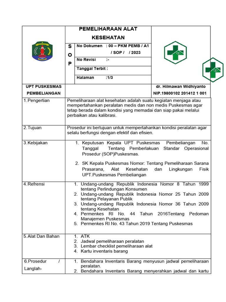Sop Pemeliharaan Alat Kesehatan Pdf
