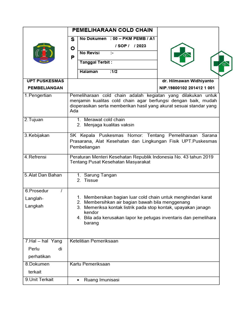 Pemeliharaan dan SOP Cold Chain | PDF