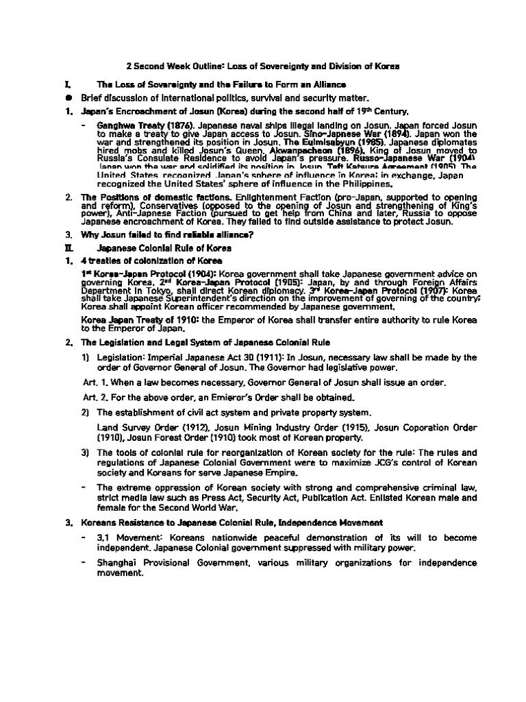 2nd Week Outline - 복사본 | PDF | Empire Of Japan | Korea Under Japanese Rule